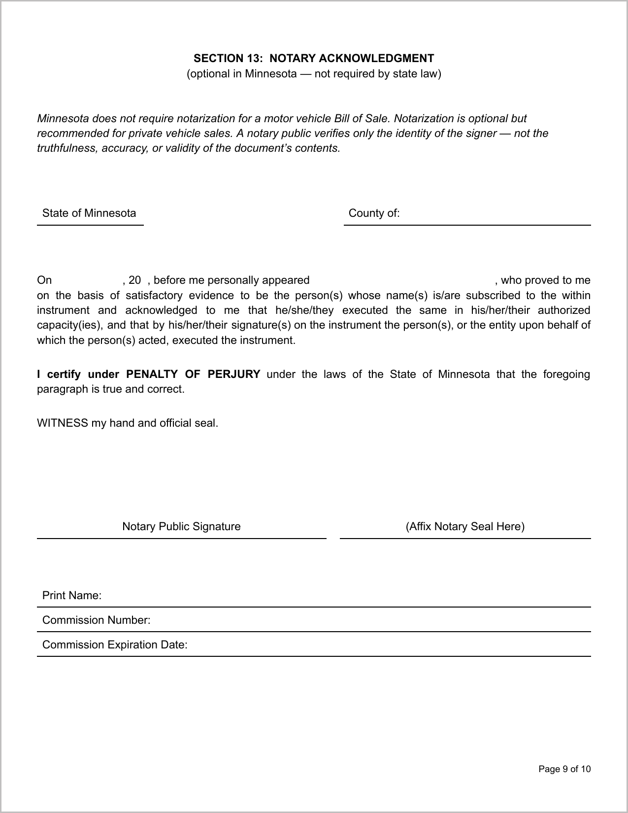 Free Minnesota Motor Vehicle Bill of Sale Template (No Signup)