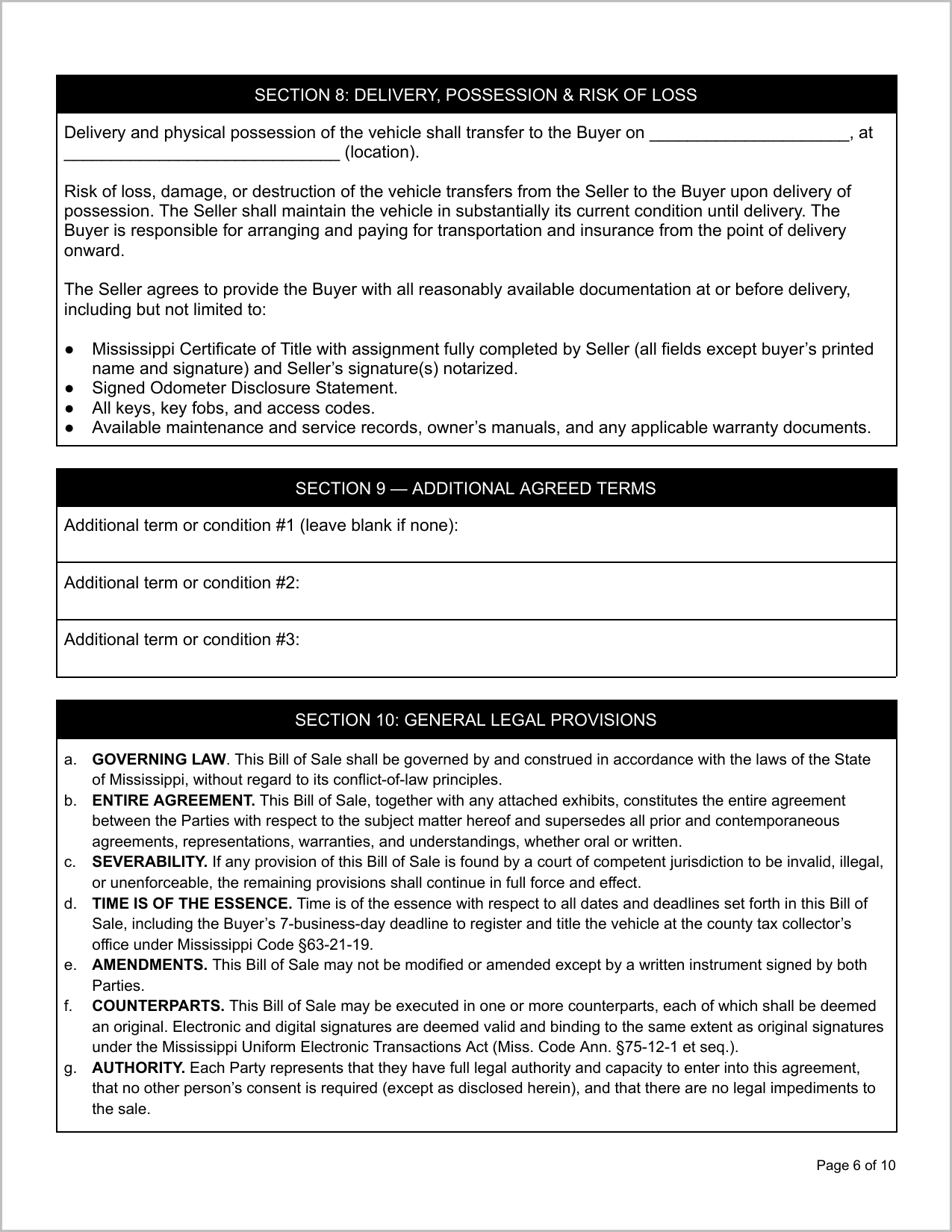 Free Mississippi Motor Vehicle Bill of Sale Template (No Signup)