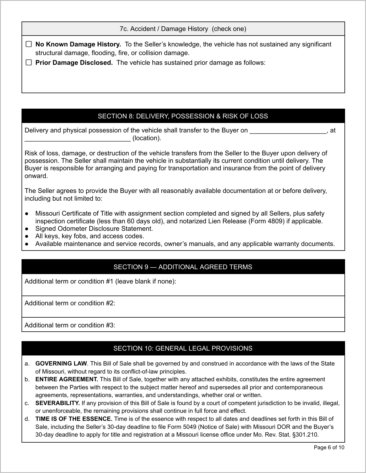 Free Missouri Motor Vehicle Bill of Sale Template (No Signup)