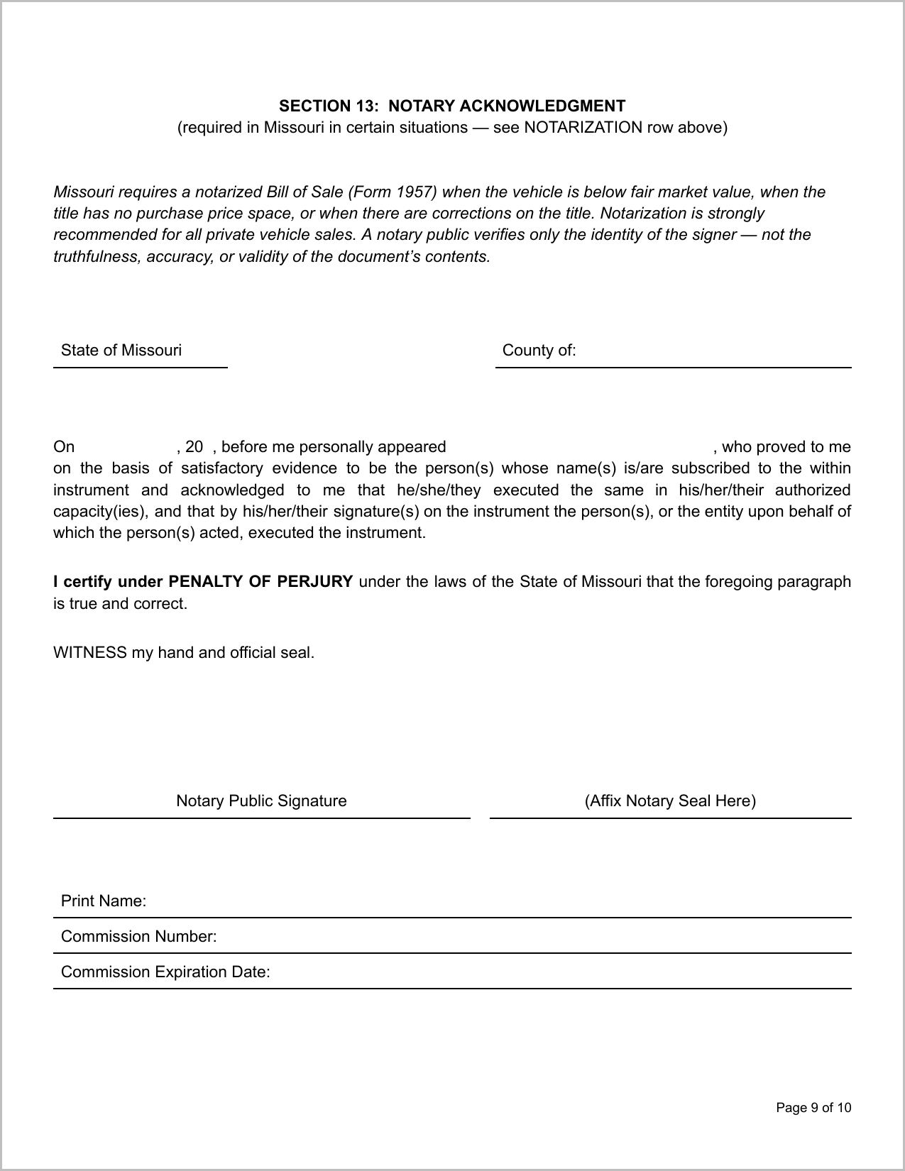 Free Missouri Motor Vehicle Bill of Sale Template (No Signup)