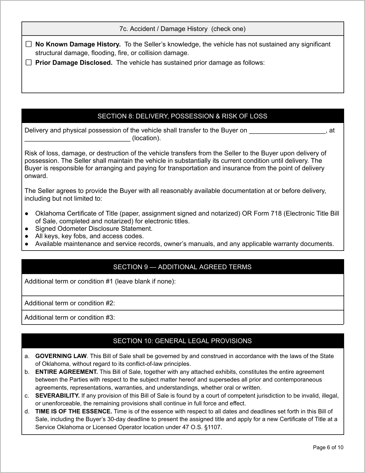 Free Oklahoma Motor Vehicle Bill of Sale Template (No Signup)