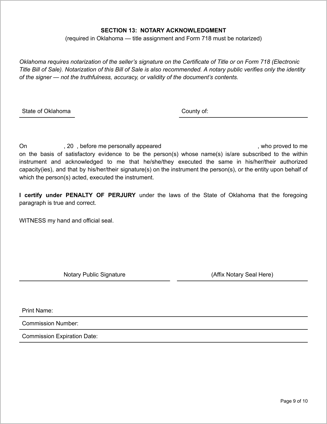 Free Oklahoma Motor Vehicle Bill of Sale Template (No Signup)
