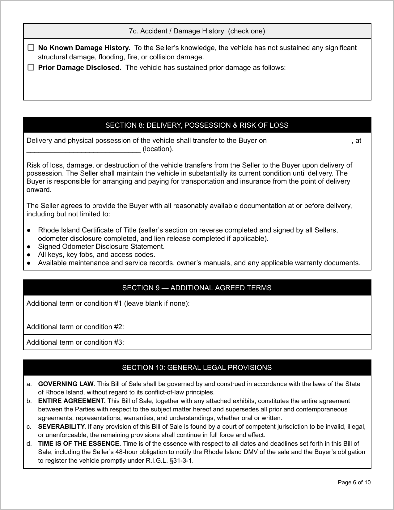 Free Rhode Island Motor Vehicle Bill of Sale Template (No Signup)