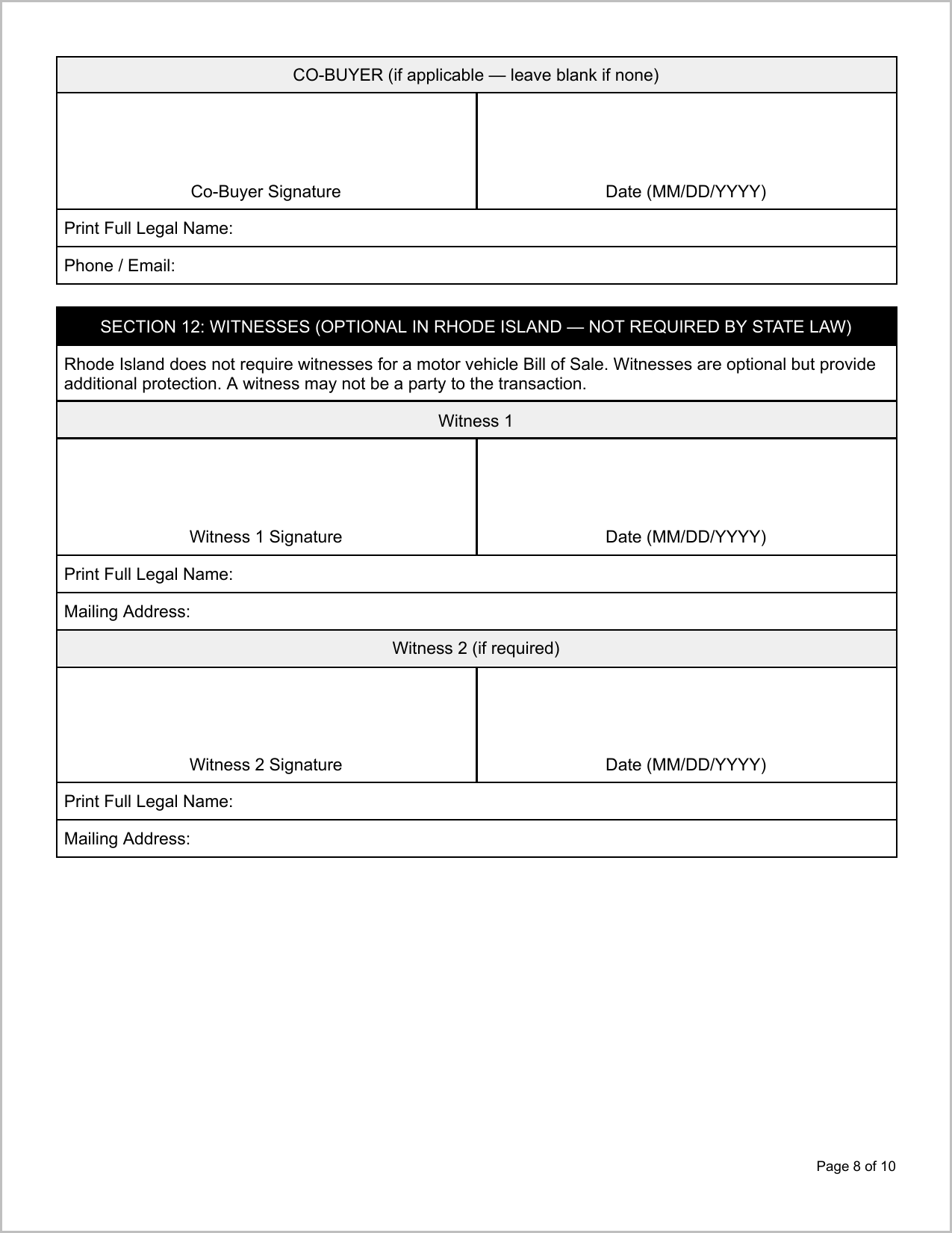 Free Rhode Island Motor Vehicle Bill of Sale Template (No Signup)