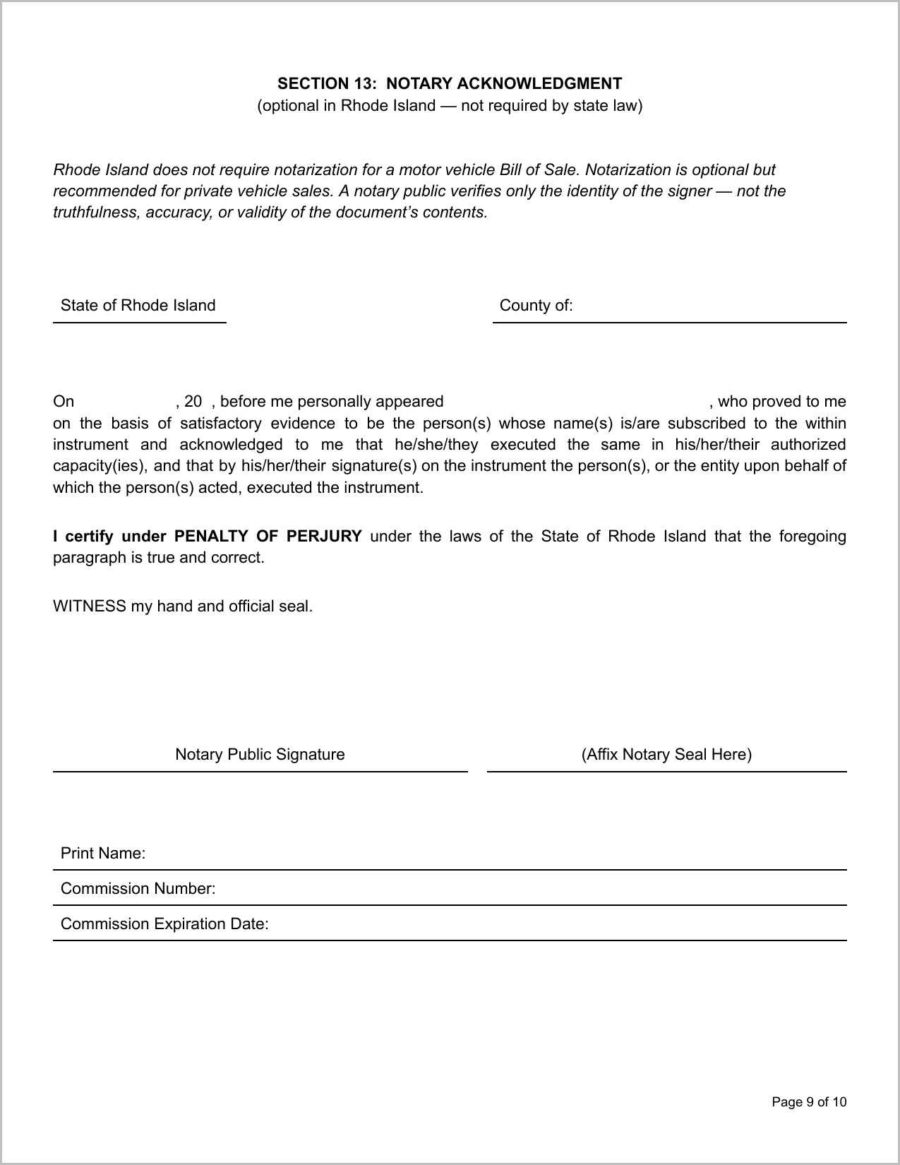 Free Rhode Island Motor Vehicle Bill of Sale Template (No Signup)