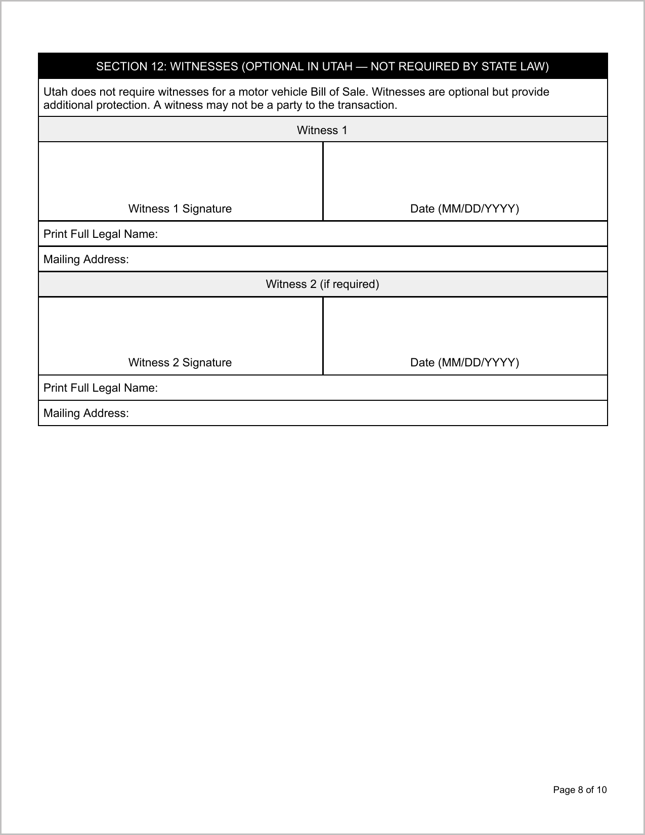 Free Utah Motor Vehicle Bill of Sale Template (No Signup)