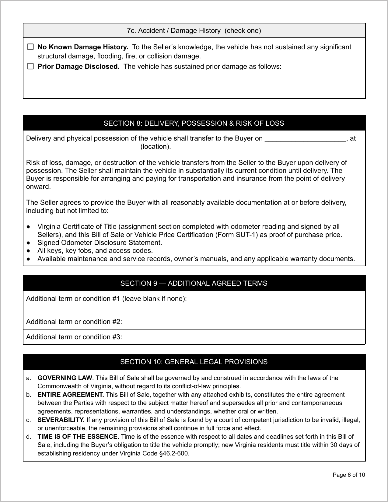 Free Virginia Motor Vehicle Bill of Sale Template (No Signup)