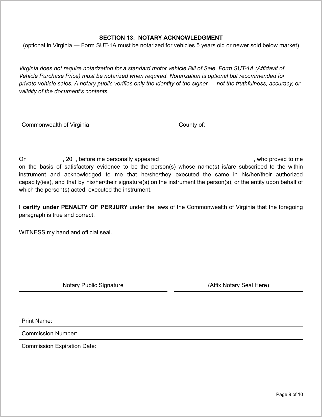 Free Virginia Motor Vehicle Bill of Sale Template (No Signup)