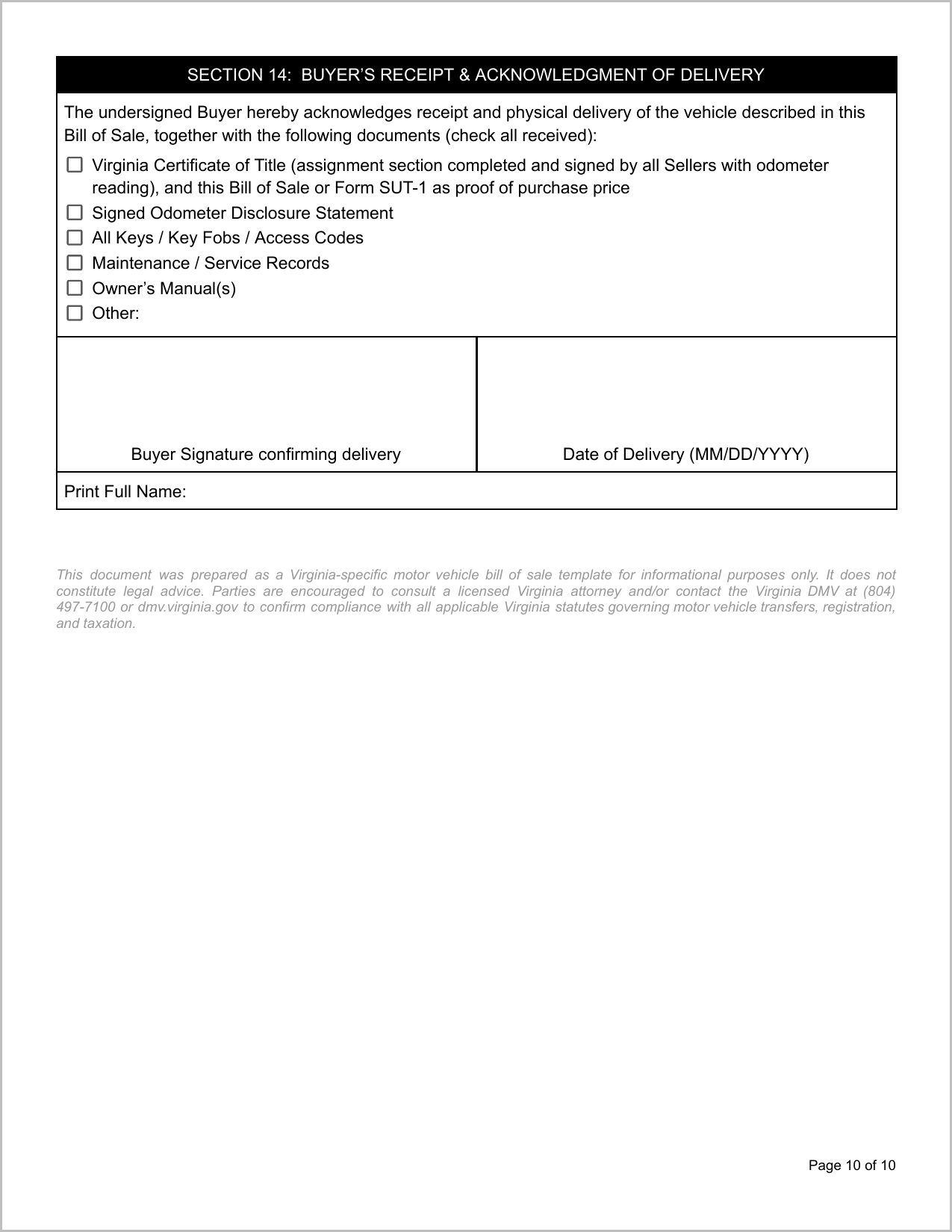 Free Virginia Motor Vehicle Bill of Sale Template (No Signup)