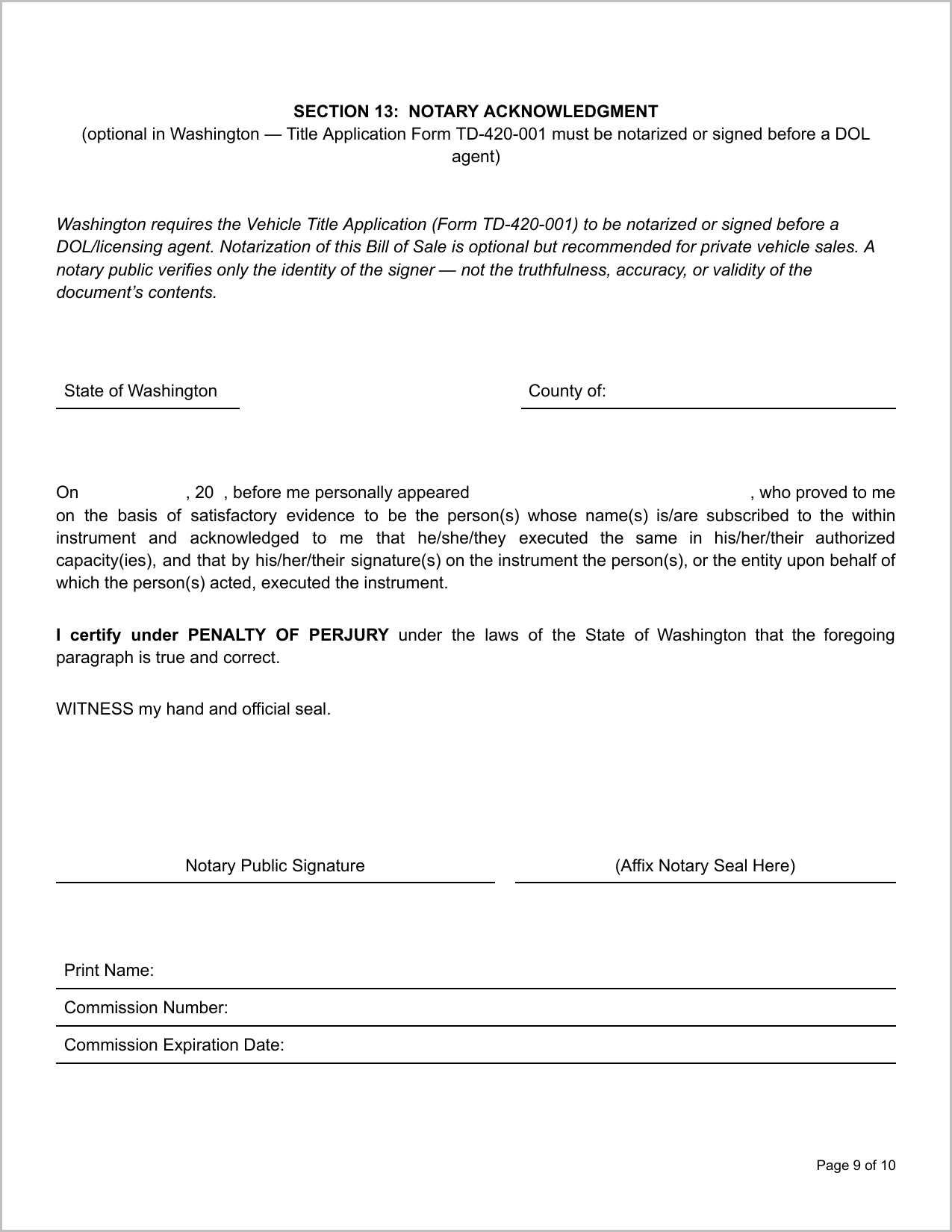 Free Washington Motor Vehicle Bill of Sale Template (No Signup)